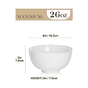 MALACASA 26 oz Porcelain Soup Bowls, 6" Cereal Bowls - White Bowls Set of 4 for Soup, Cereal, Oatmeal, Fruit, Rice - Dishwasher & Microwave Safe, Series Regular