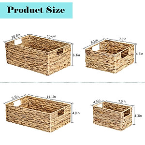 MOOACE Wicker Storage Baskets Set of 4, Water Hyacinth Storage Baskets for Organizing, Woven Storage Basket for Shelves, With Built-In Handles