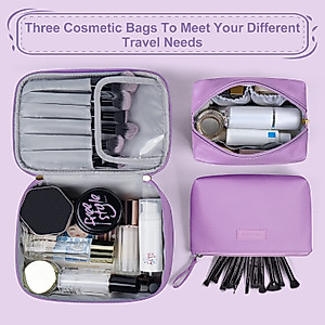 MAANGE Travel Makeup Bag - Large Makeup Bag with 2pcs Small Makeup Bag Portable Leather Cosmetic Bag Toiletry Bag Make Up Bags for Women and Girls (Purple)
