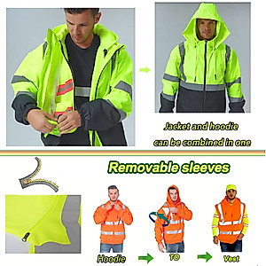 YOWESHOP High Visibility Reflective Winter Bomber Safety Jacket Waterproof Reflective Jacket for Men Hi Vis Construction Jackets(Yellow，L)