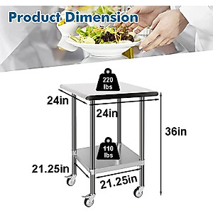 MYOYAY Commercial Stainless Steel Table with Caster Wheels 24"x24" Kitchen Worktables with Backsplashs Prep Food Workbench Under Shelf 110~220lbs Capacity for Restaurant