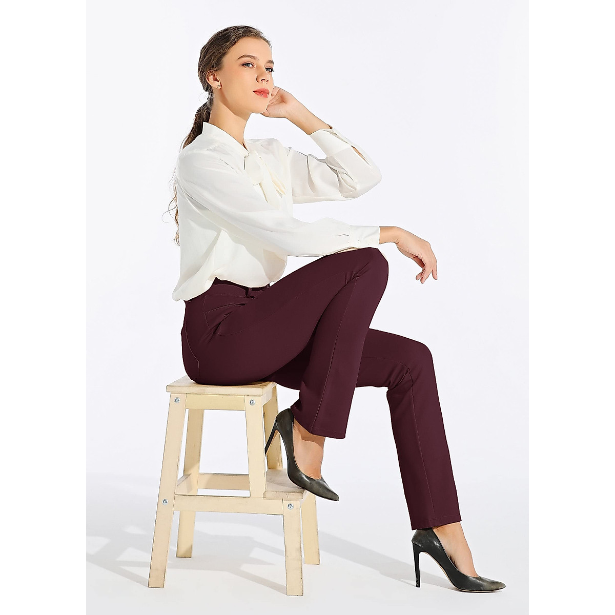 Willit 33" Women's Yoga Dress Pants Straight Leg Work Slacks Stretchy Office Casual Pants 4 Pockets Belt Loops Burgundy L