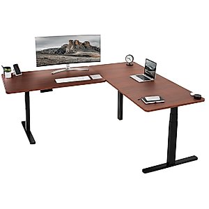 VIVO Electric Height Adjustable 77 x 71 inch Corner Stand Up Desk, 2 Dark Walnut 30 inch Deep Table Tops, Black Frame, Memory Controller, L-Shaped Workstation, 3E Series, DESK-KIT-3E7BD