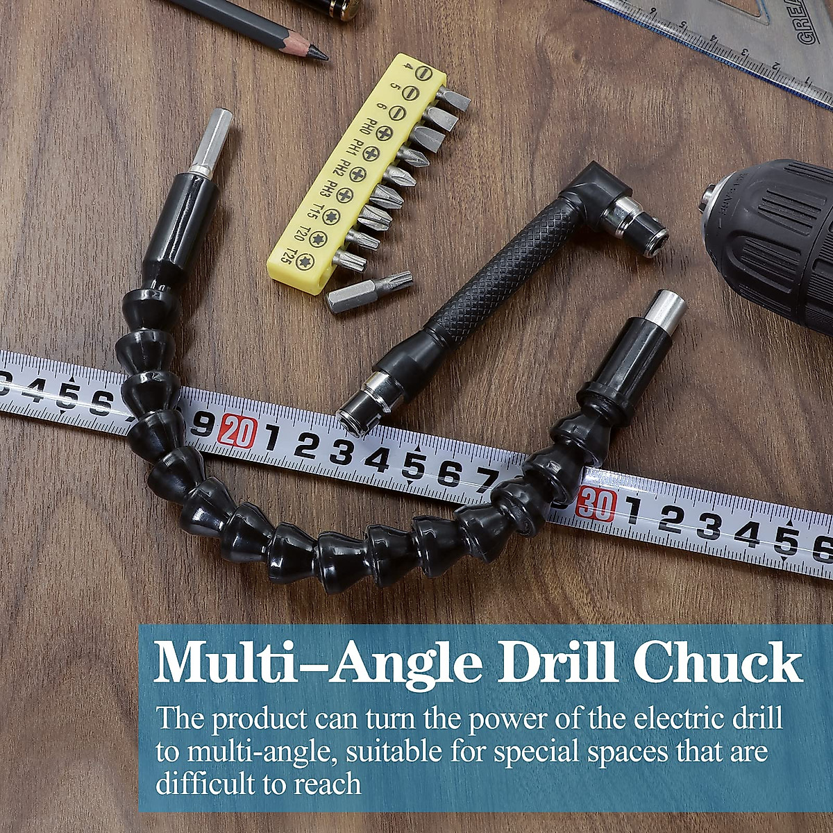 Jamiikury 90 Degree Right Angle Driver, 11.6 Inch Bendable & Flexible Screwdriver Extension Soft Shaft and 10pcs Screwdriver Bit Set, Power Screwdriver Drill Extension Kits - Pack of 12