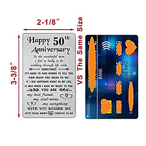 TANWIH 50th Anniversary Card for Husband - 50 Years Down Forever to Go - 50 Year Wedding Anniversary Card Gifts for Him Men, Engraved Metal Wallet Card
