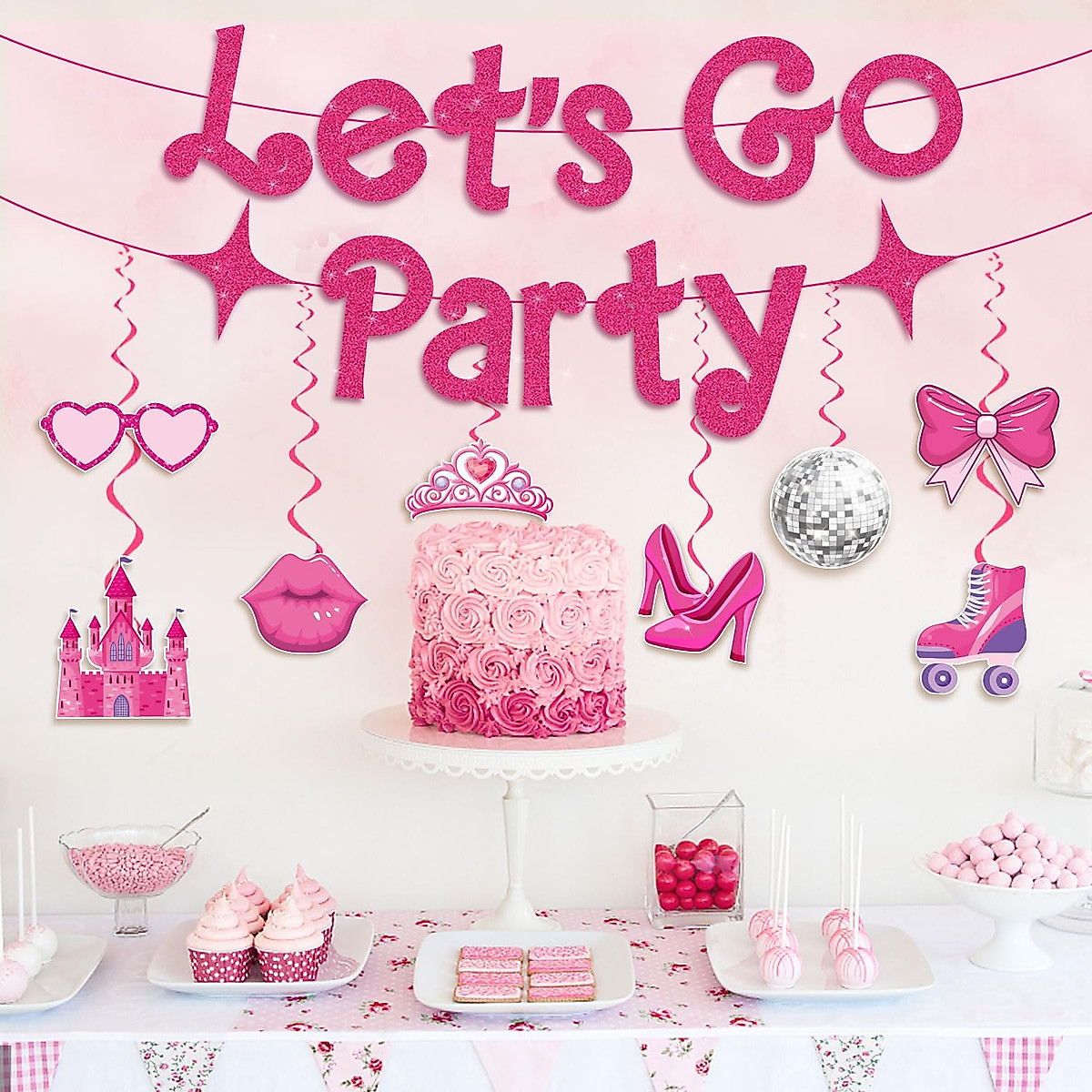 Pink Princess Birthday Hanging Decorations, with 1pcs No Diy Lets Go Party Banner And 8pcs Pink Princess Hanging Swirls, Pink Disco Party Decorations, Pink Bachelorette Party Decorations