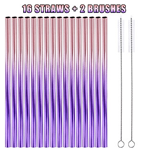 NiHome Pearlescent Reusable Stainless Steel Metal Straws 16-Pack with 2PCS Brushes, 8.5" Length, Square Twisted Design, Dishwasher Safe with 2 Cleaning Brushes Included (Gradient Pink Purple)