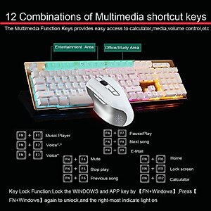 Rechargeable Keyboard and Mouse,Suspended Keycap Mechanical Feel Backlit Gaming Keyboard Mouse Set-Wireless 2.4G Drive Free,Adjustable Breathing Lamp,Anti-ghosting,12 Multimedia Keys (White-Combo)