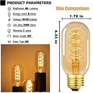 Vintage LED Spiral Filament Bulb T14, E26 Base, 4W Equivalent, 40W Warm White, 2200K, Dimmable, AC120V, 400LM, Amber Glass, Pack of 4