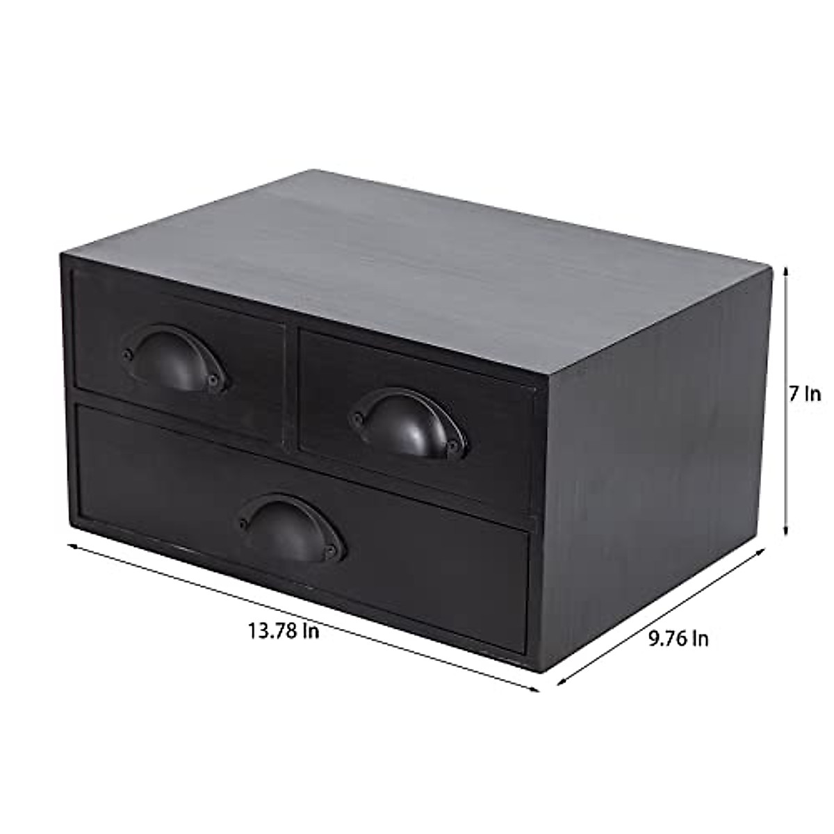 ExoLiry Rustic Black Wood Desk Storage Cabinet 3 Wide Drawers Countertop Bamboo Organizer Jewelry Box Holder Metal Handles Table Top Wooden Keepsake Caddy Home Office Farmhouse Antique Mini Dresser