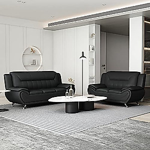 Container Furniture Direct Michael Modern Faux Leather Upholstered Stainless Steel Legs Living Room Loveseat, Midnight Black