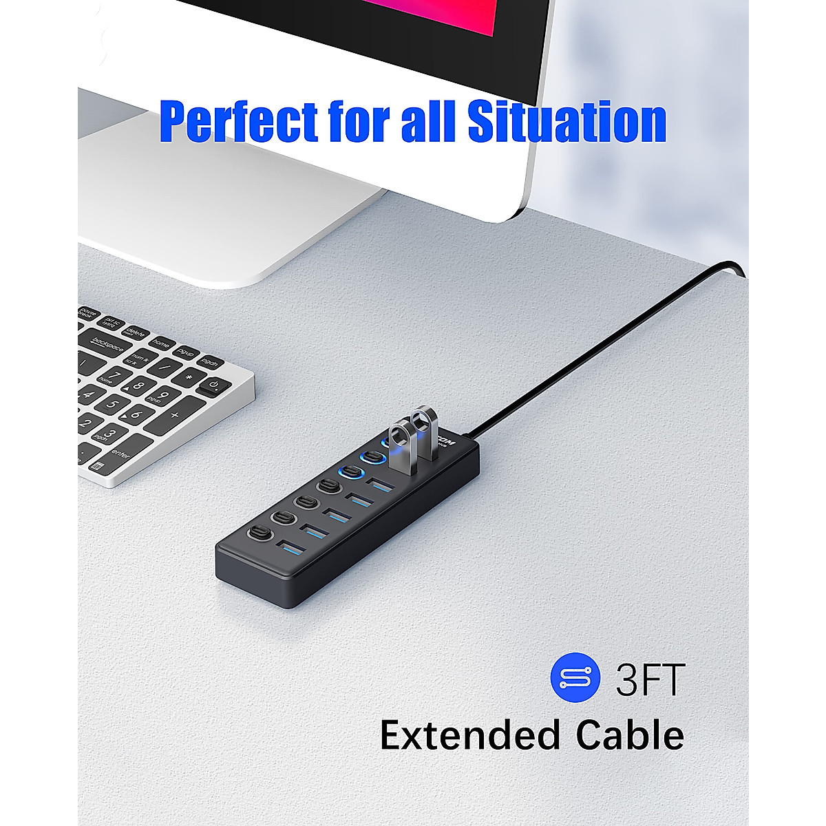 VANOTOM USB 3.0 Hub, 7-Port USB Hub Splitter with LED Individual On/Off Switches and 3ft Extended Long Cable for Laptop, MacBook, Surface Pro, PS4/5, Flash Drive, HDD