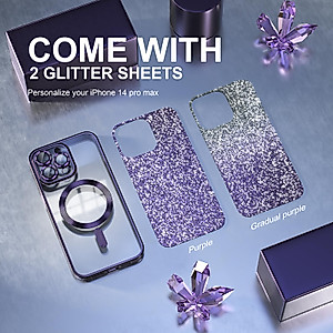 QVLANG Magnetic Clear Case for iPhone 14 Pro Max Case [Compatible with MagSafe] [Full Camera Lens Protection] [2 Replaceable Glitters] Luxury Shiny Cover for Women Girls (6.7") - Deep Purple