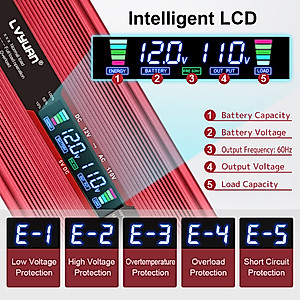Yinleader Power Inverter 1500W/3000W DC 12V to 110V AC Car Converter with Intelligent LCD Display Dual AC Outlets Dual USB Charging Port for for RV Truck Laptop(Red)