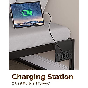 Rolanstar Bed Frame with USB Charging Station, Queen Bed Frame with LED Lights, Platform Bed Frame with Heavy Duty Steel Slats, 14" Storage Space Beneath Bed