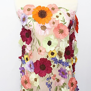 SUNMOVE 1 Yard Multicolor 3D Flowers Heavy Embroidery Lace Floral Fabric for Sewing Dresses Jacket Jeans (White mesh, 1 Yard)