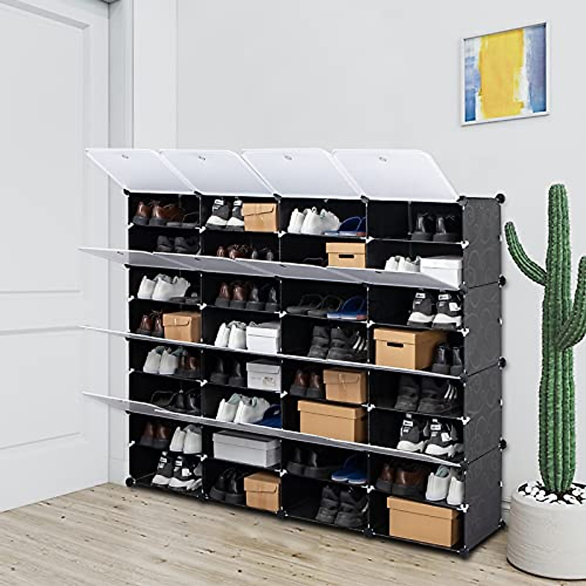 Sawandoo 8-Tier Portable 64 Pair Shoe Rack Organizer 32 Grids Tower Shelf Storage Cabinet Stand Expandable for Heels, Boots, Slippers, Black