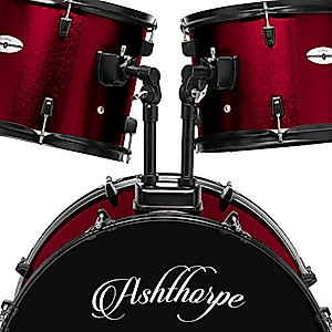 Ashthorpe 5-Piece Complete Full Size Adult Drum Set with Remo Batter Heads - Red