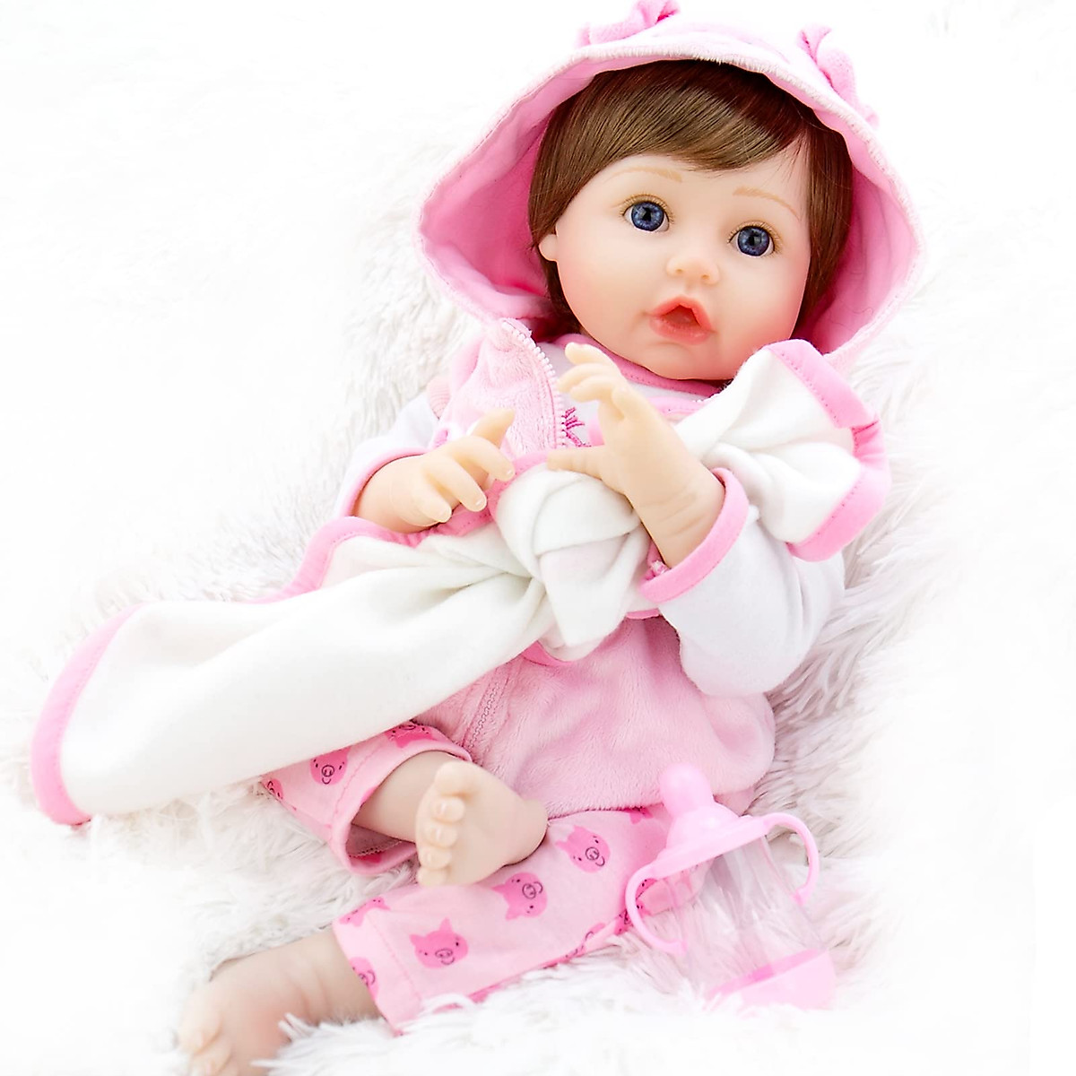 Aori Lifelike Reborn Baby Dolls 22 Inch Realistic Weighted Newborn Toddler Girl with Pink Clothes and Piggy Toy Accessories Best Birthday Set for Girls