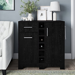 BELLEZE Wine Cabinet with Drawers, Storage Shelves and 6-Bottle Wine Rack, Sideboard Buffet, Coffee Bar, Cupboard for Dining Room, Kitchen, Living Room -Vietti (Light Black)