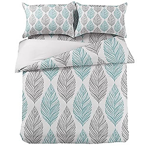 Teal Gray Leaves Texture Seamless Duvet Cover Sets 4 Piece Twin Ultra Soft Bed Quilt Cover Set for Kids/Teens/Women/Men,Feather Abstract Art White Back Bedding Collection All Season Use