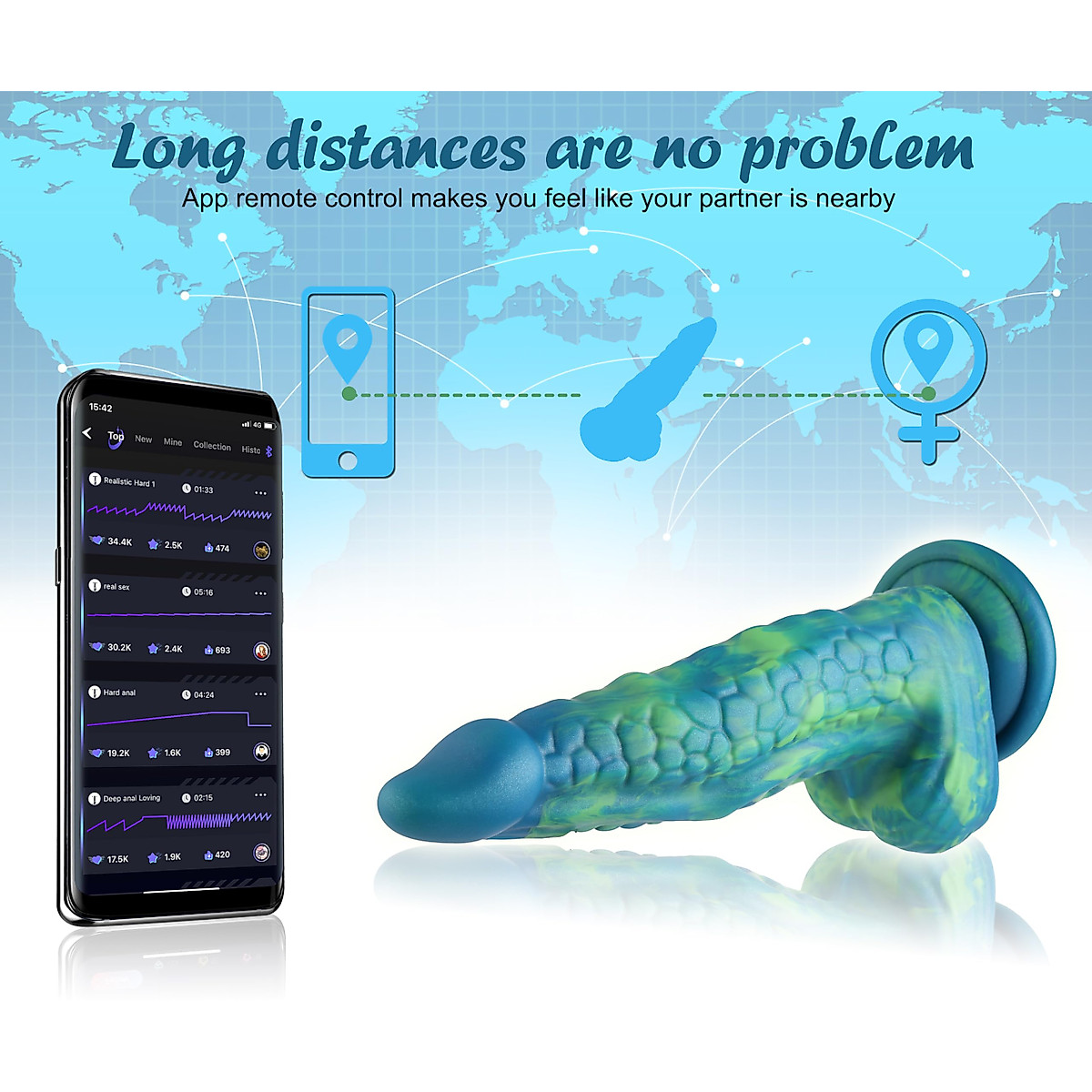 Wildolo Vibrator App Dildo 9.6'' Monster Color Silicone Dildo Realistic Adult Toy Fantasy Strong Suction Cup Dildo,Green,A43-M