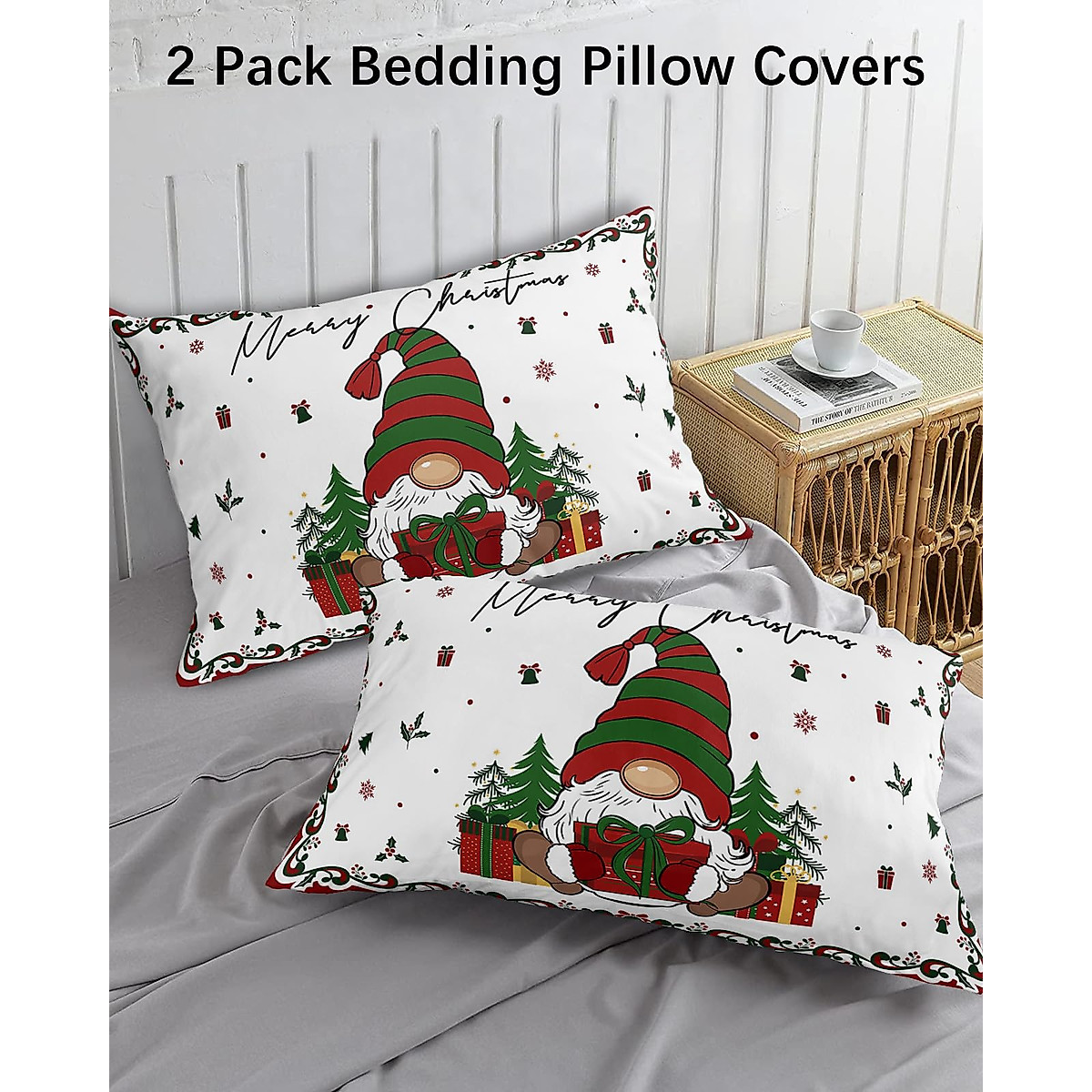 Edwiinsa Gnomes Red Pillow Covers Standard Size Set of 2 Bed Pillow, Plush Soft Comfort for Hair/Skin Cooling Pillowcases with Envelop Closure 20x26 Inches Christmas Green Tree Gift Snowflake White