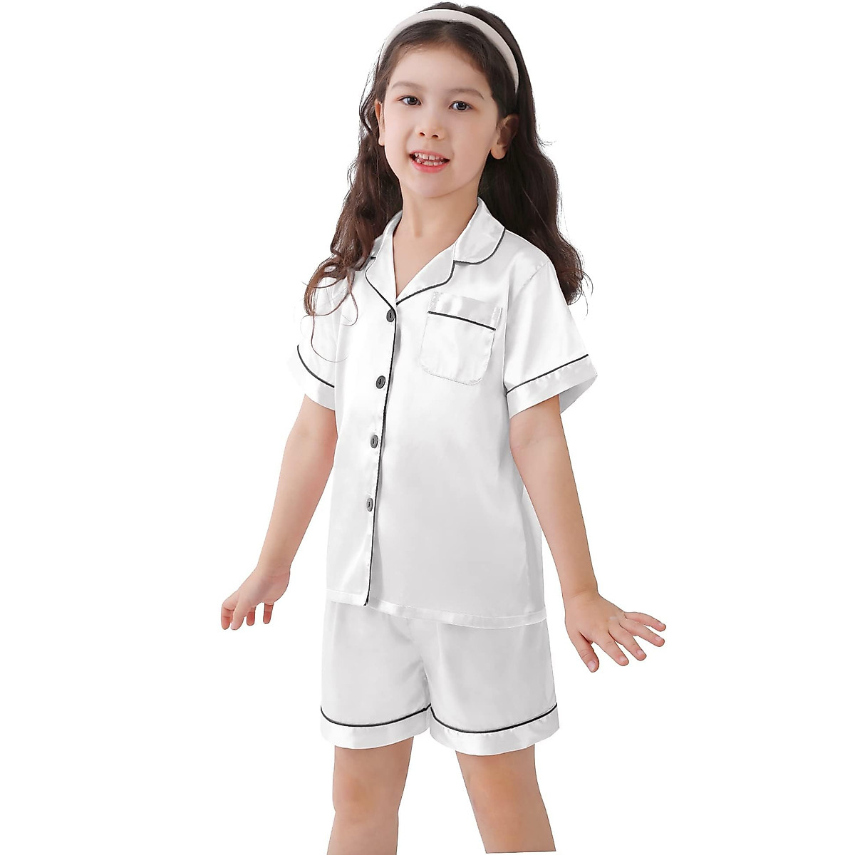 SWOMOG Satin Pajamas for Girls Boys Baby Button-Down Pjs Sets Two-Piece Lounge Sets Classic Silk Sleepwear White