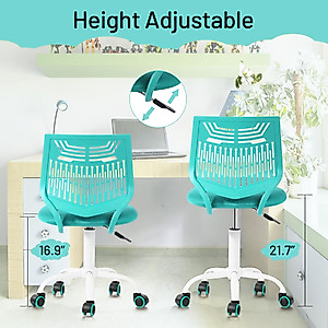 FurnitureR Kids Desk Chair, Student Study Computer Task Chair Armless Cute Rolling Swivel Adjustable with Mesh Soft Cushion Plastic Low Back, Aqua
