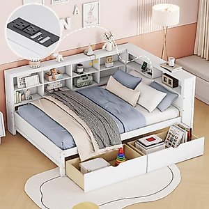 RuiSiSi Full Size Daybed with Bookcase and Storage Drawers, L-Shape Daybed with USB Ports and Storage Headboard, Wood Full Size Corner Bed Frame with Storage for Kids Teens Adults, White