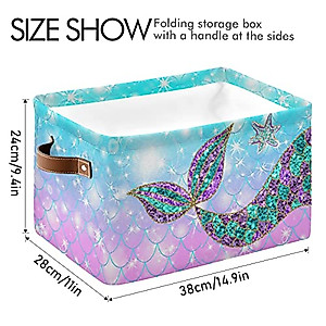 Rectangular Storage Basket Storage Bin - Mermaid Fish Scale Collapsible Storage Box with Leather Handles Shelf Basket Organizer for Home,Office,Nursery,Dorm,Shelf