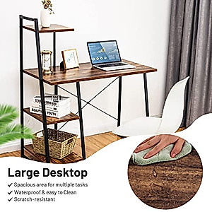 COSTWAY Computer Desk with 4-Tier Storage Shelves, Home Office Desk Writing Table with Sturdy X-Shape Frame, Adjustable Foot Pads, Modern Simple Style Small Study Desk, Wide Tabletop (Brown and Black)