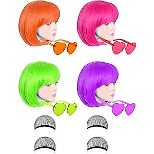 4 Pack Colored Wigs, Funky Colorful Wigs, Short Bob Hair Wigs, Neon Party Wigs, Cosplay Wigs with Rimless Heart Shape Sunglasses - One Size for All Women Kids & Adults Halloween Costume Night Club