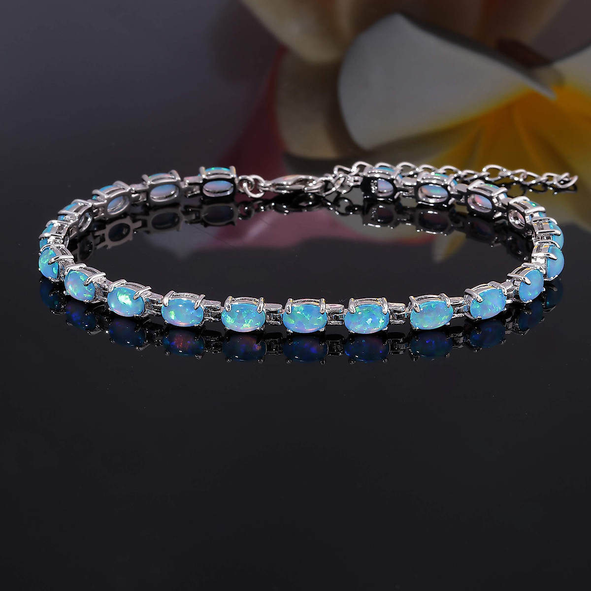 CiNily Blue Fire Opal Tennis Bracelet for Women 14K White Gold Plated Adjustable Oval Shape Gemstone Bracelet Opal Jewelry