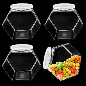4 PCS Plastic Candy Jars Cookie Jars, Hexagon with Airtight Lids Clear Candy Jar Wide Round Mouth Snacks Candy Containers Reusable Coffee Candy Display for Gifts and Storage