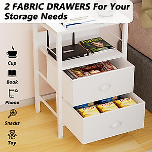 Furologee Nightstands Set 2, End Table with 2 Fabric Drawers, Bedside Table with 2 Hooks, Open Wood Shelf Side Sofa Table for Bedroom/Living Room/Hallway/White