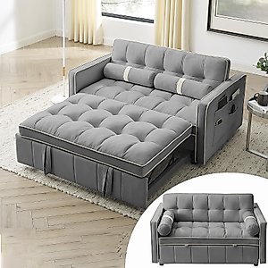 SPOWAY 3 in 1 Sleeper Sofa Couch Bed, 55'' Velvet Pull Out Bed Couch, Loveseats Sleeper with Storage Side Pocket, Adjustable Backrest and Lumbar Pillows for Living Room, Grey