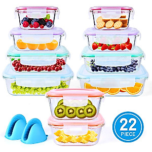 [20 Piece] Glass Food Storage Airtight & Leakproof Containers Set with Snap Lock Lids, Bonus 2 Oven Silicone Gloves, Safe for Dishwasher, Oven, Microwave,Freezer, BPA Free