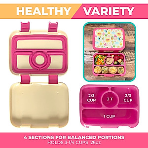 kinsho Bento Lunch Box for Kids Toddlers Girls, 4 Portion Sections Secure Lid, Microwave Safe BPA Free Removable Tray, Pre-School Kid Daycare Lunches Snack Container Ages 3 to 5, Cute Summer