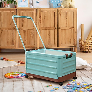 MagiDeal Storage Bin with Wheels and Handle Rolling Crate Foldable Closet Organizer with Lid Lidded Storage Bin for Clothes Household, Blue, 53cmx36cmx29cm