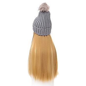 KLKKK Winter Beanie Gray Hat Synthetic Hair with Hair Extension Heat retention Vertical for Women Straight Hair Wavy Hair (Color : Gray, Size : Straight)