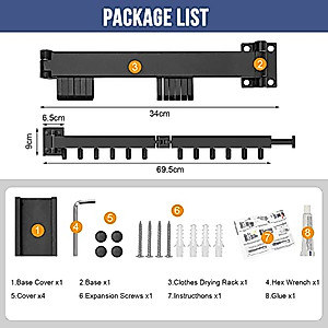 MIFXIN Retractable Clothes Drying Rack Laundry Wall Mounted Two-Fold Drying Rack Collapsible Clothes Hanger Folding Clothing Rack for Laundry Balcony (Black)