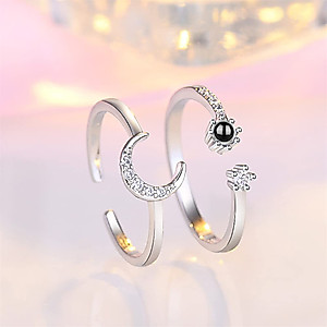 Certykllp Personalized Moon Photo Projection Ring for Women Custom Sterling Silver Moon Ring Picture Jewelry Projection Finger Adjustable I Love You 100 Language Ring for Girlfriend Wife