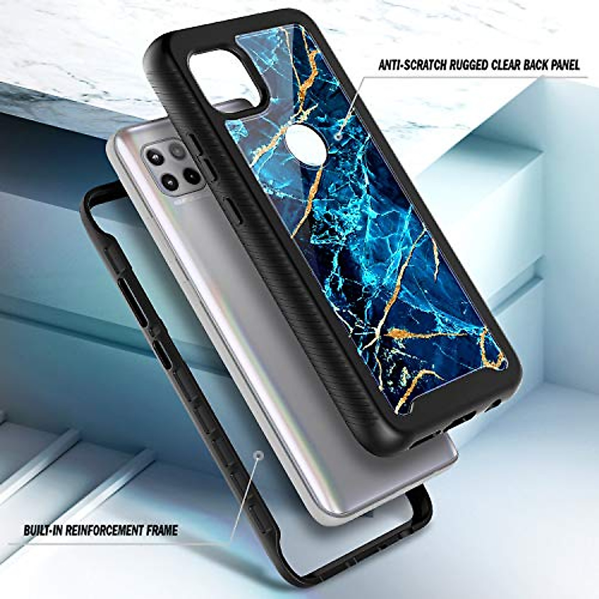 NZND Case for Motorola Moto One 5G Ace (One 5G UW Ace) with [Built-in Screen Protector], Full-Body Protective Shockproof Rugged Bumper Cover, Impact Resist Durable Phone Case (Marble Design Sapphire)