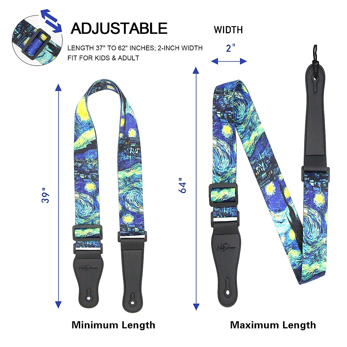 NeuSchwan Van Gogh Starry Night Guitar Strap, Includes 2 Silicone Strap Locks & Strap Button. Adjustable Guitar Straps for Electric/Acoustic Guitar/Bass
