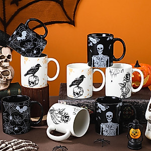 Teenyyou 8 Pcs Vintage Halloween Mug 14 oz Goth Coffee Cup Gothic Ceramic Drinking Cup with Skull Skeleton Spider Crow Pattern Witchy Gothic Gifts for Women Halloween Birthday Party Home Decoration