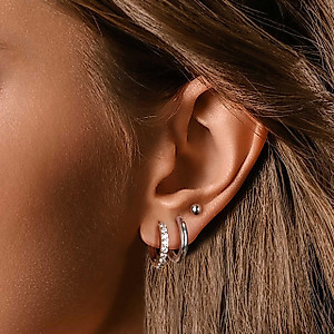 KANOUE 10 Pairs Silver Surgical Steel Earrings Sets for Multiple Piercing Lightweight Small Huggie Hoop Earrings CZ Stud Earrings for Women Trendy Cartilage Hypoallergenic