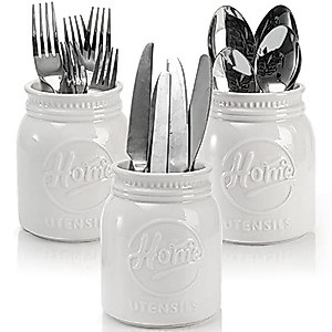 Peohud 3 Pack Mason Jar Utensil Holder, Ceramic Silverware Flatware Caddy, Cooking Utensil Crock Cutlery Storage Organizer for Kitchen Countertop, Decorative Spoon, Fork and Knife Holder