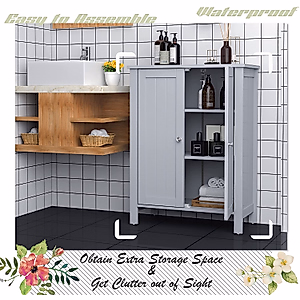 LUARANE Wooden Bathroom Floor Storage Cabinet, Side Storage Organizer Cabinet with Double Doors and Adjustable Shelves, Free Standing Sideboard for Entryway Bathroom Kitchen (Grey)
