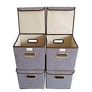 BeigeSwan Storage Bin [Set of 4] Linen Fabric Foldable Container with Lid, Collapsible Organizer Boxes Cubes ¨C 10 x 10 x 10 Inches (Gray)